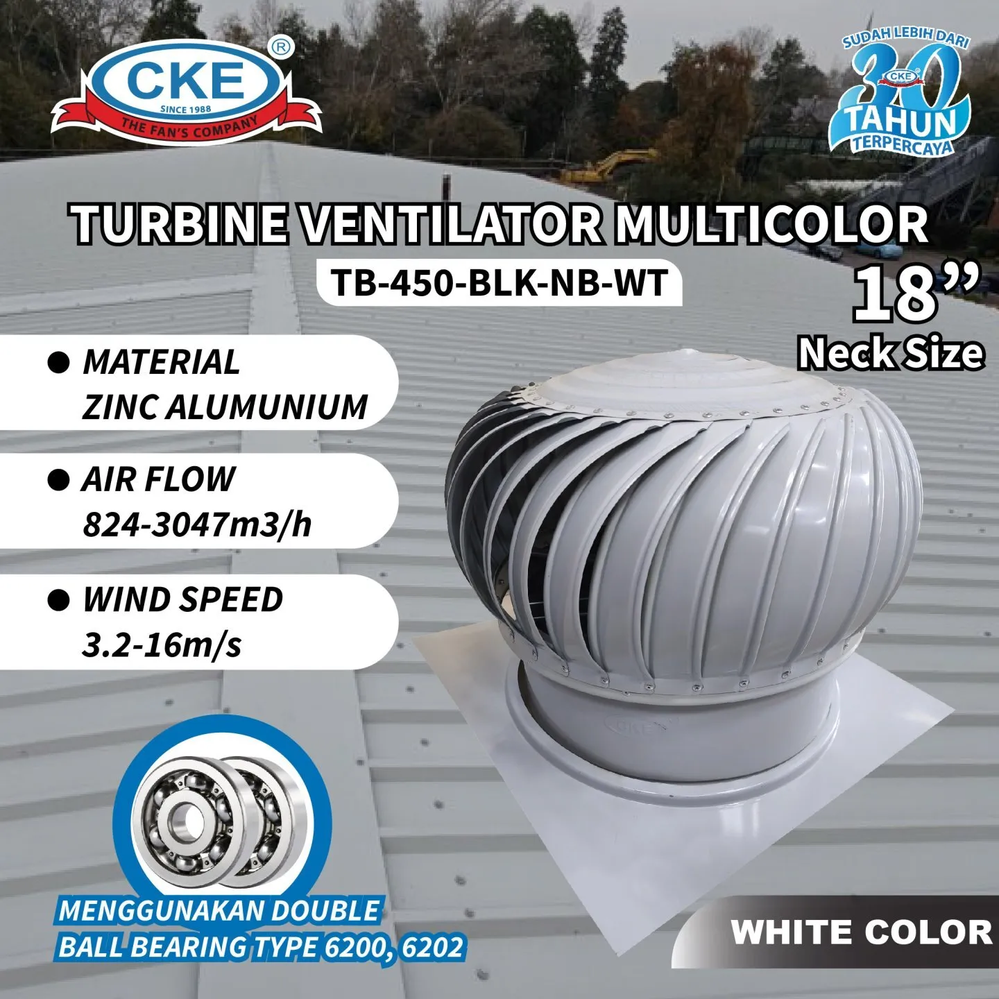TB-450-WH-NB-WT | Turbin Ventilator | KIPAS CKE